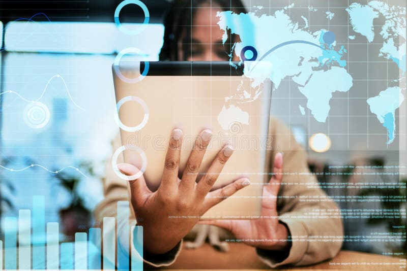 Tablet, World Map Data and Woman Research Digital Information ...