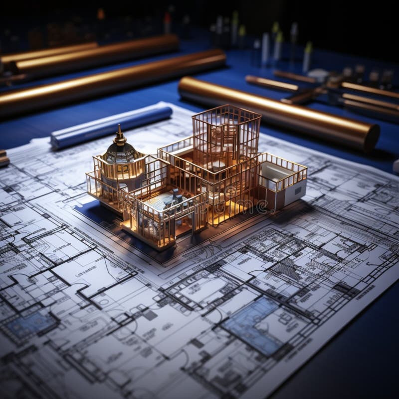 Tabletop Blueprint Arrangement Stacked Rolls, Architectural Designs ...