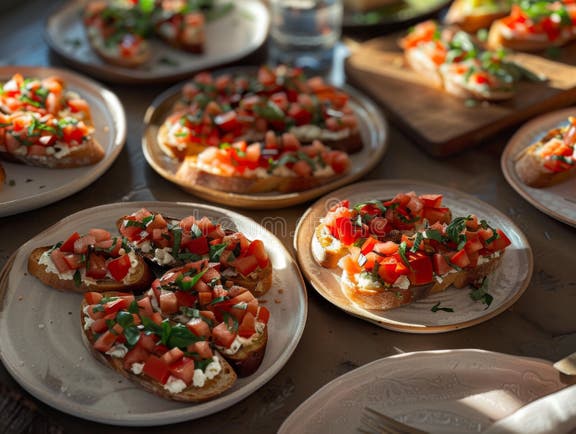 A Tabletop Display of Caprese Bruschetta with Basil and Ricotta Stock ...