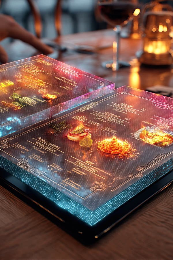Holographic Menu Showcasing Vibrant Food Illustrations in a Modern ...