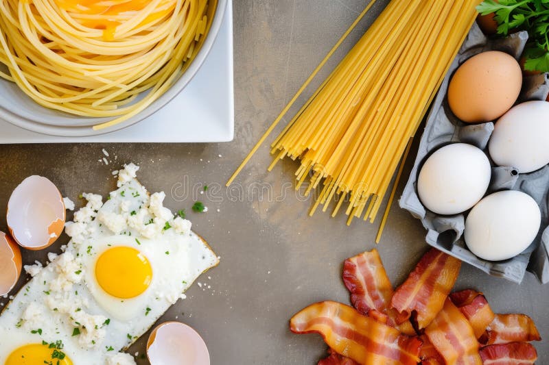 Tabletop with Ingredients Set in Quadrants: Cheese, Eggs, Spaghetti ...