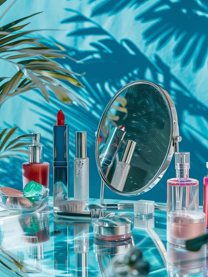A Tabletop Mirror Surrounded by Various Cosmetic Products, Creating a ...