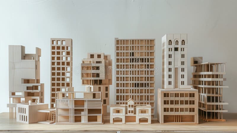 A Tabletop Model of Various Modern Buildings, Each Crafted from Wood ...