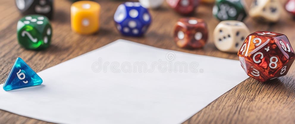 Tabletop RPG Setup Featuring Parchment, Dice, and Figurines in a Rustic ...