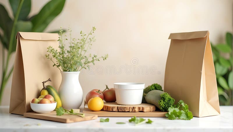 A Tabletop Scene Featuring Biodegradable Packaging, Reusable Containers ...