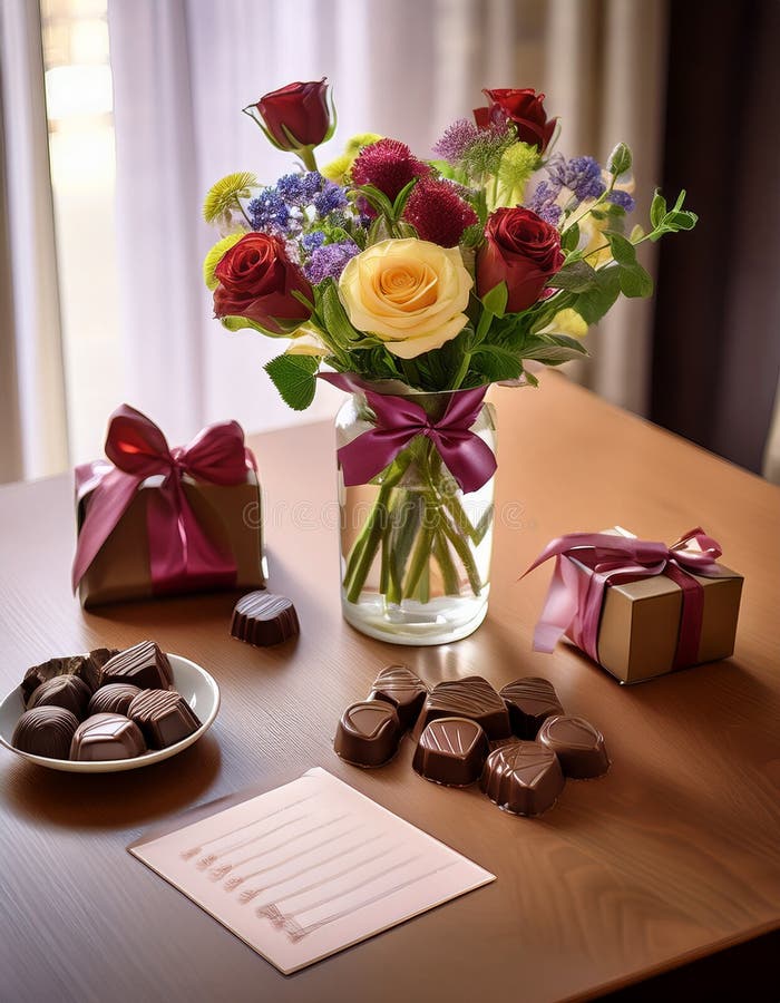 A Tabletop Scene Featuring Handwritten Notes, Wrapped Chocolates Stock ...