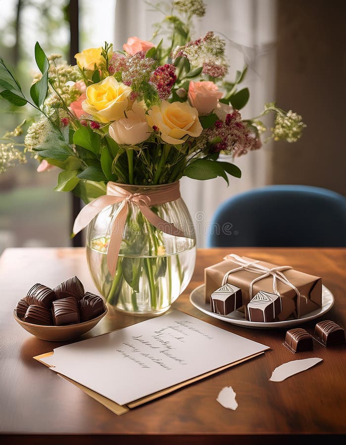 A Tabletop Scene Featuring Handwritten Notes, Wrapped Chocolates Stock ...