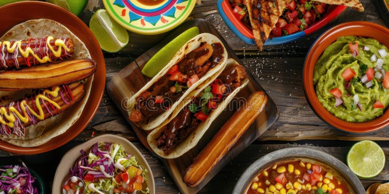 A Table Setting of Various Mexican Foods with Lime Wedges Stock ...