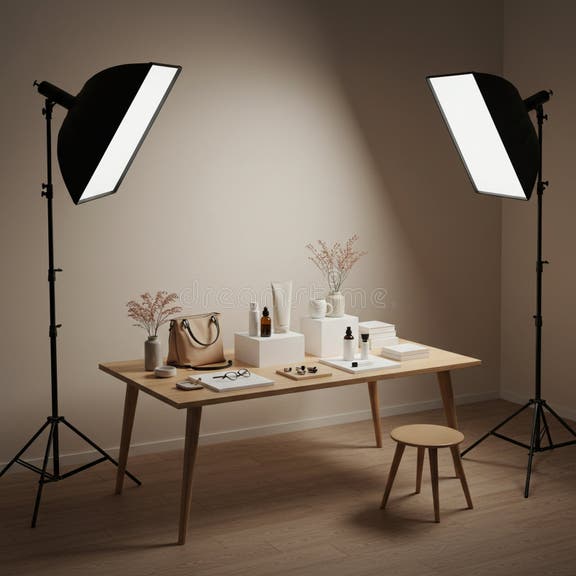 A Tabletop Setup in a Studio Features Two Softbox Lights Focused on a ...