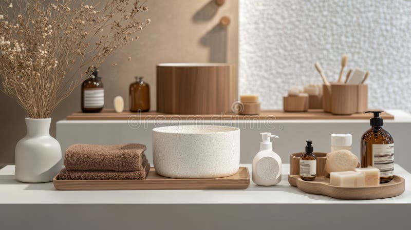 Tabletop Spa Setup with Bath Items on Display White Space for Product ...