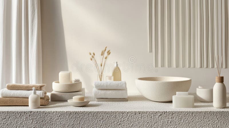 Tabletop Spa Setup with Bath Items on Display White Space for Product ...