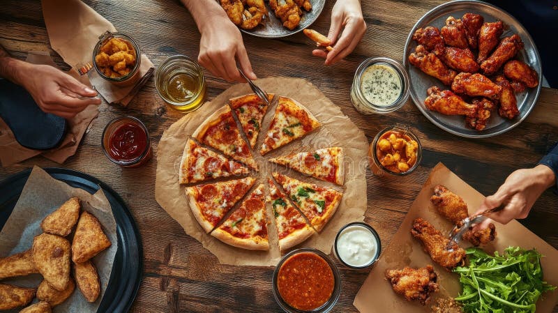 A Tabletop Spread of Pizza, Chicken Wings, and Dips Stock Illustration ...