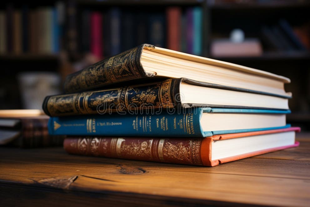 Tabletop Stories a Stack of Books Rests on a Wooden Surface Stock ...