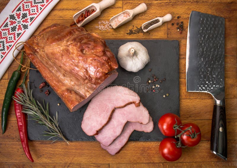 Smoked ham on table stock photo. Image of gastronomy - 261708658