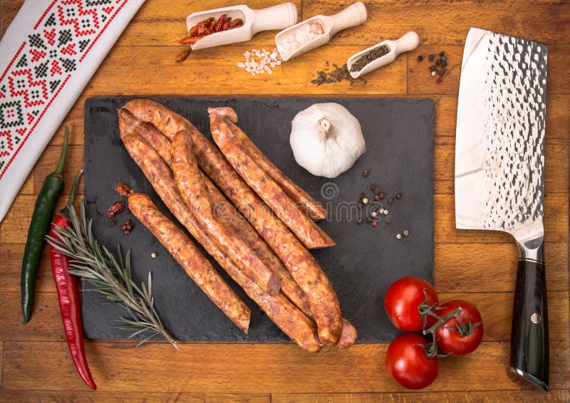 Tabletop view of salami stock photo. Image of marketplace - 261708640