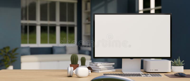 Tabletop Workspace with Desktop Computer Mockup on Wood Table Over ...
