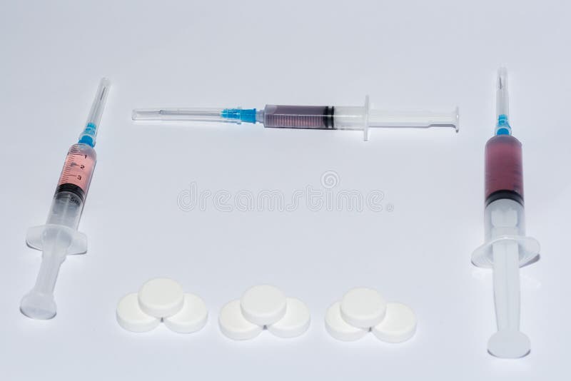 Tablets and Syringe on White Background Isolate Stock Image - Image of ...