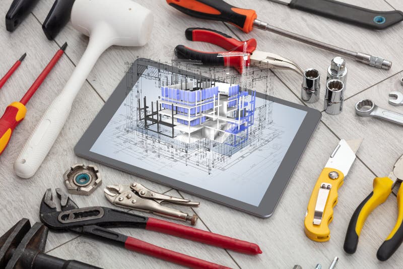 Tablette Et Outils Avec Concept De Plan Maison 3d Photo stock - Image ...