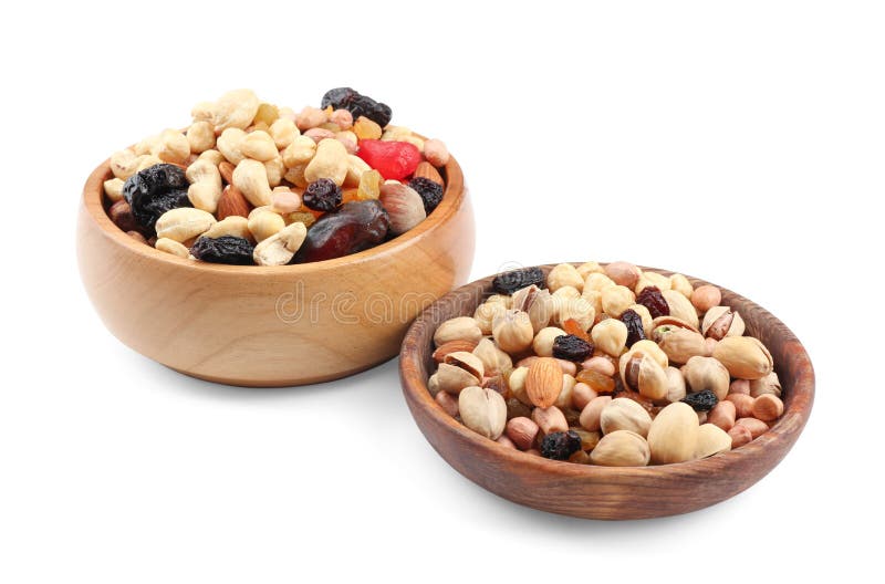 Tableware with Different Nuts, Dried Fruits and Berries on White ...