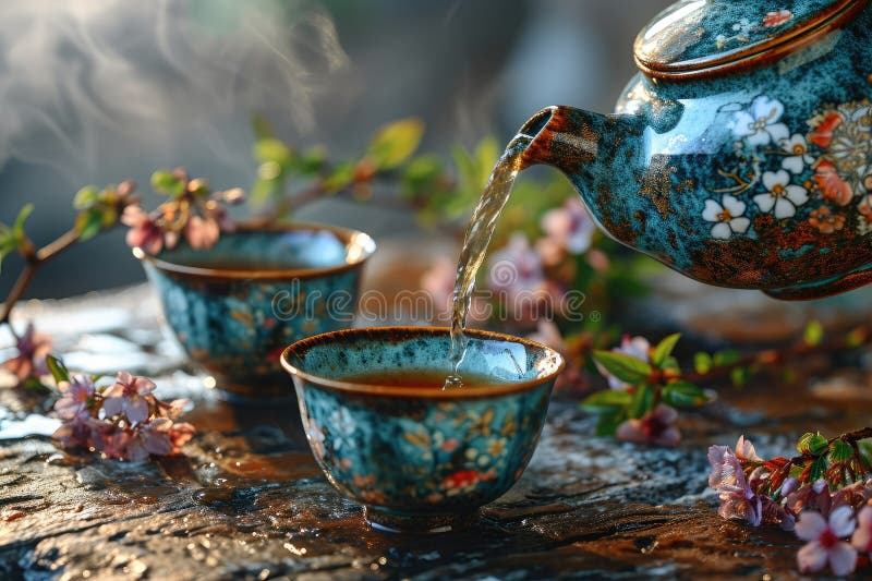 Tableware Pouring Tea from a Teapot into Two Cups on a Table Stock ...