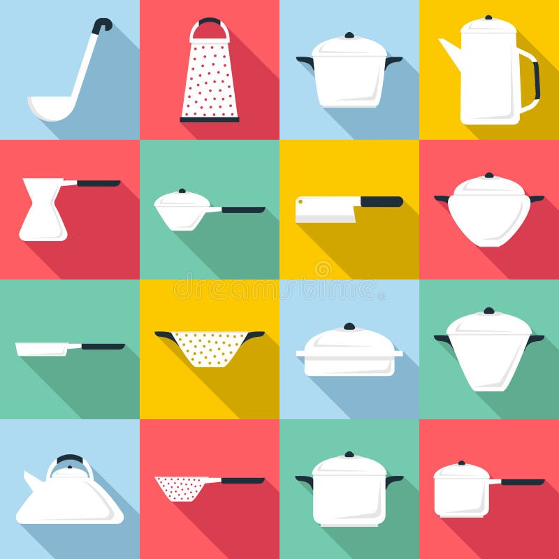 Tableware Icons Set, Flat Style Stock Vector - Illustration of beverage ...