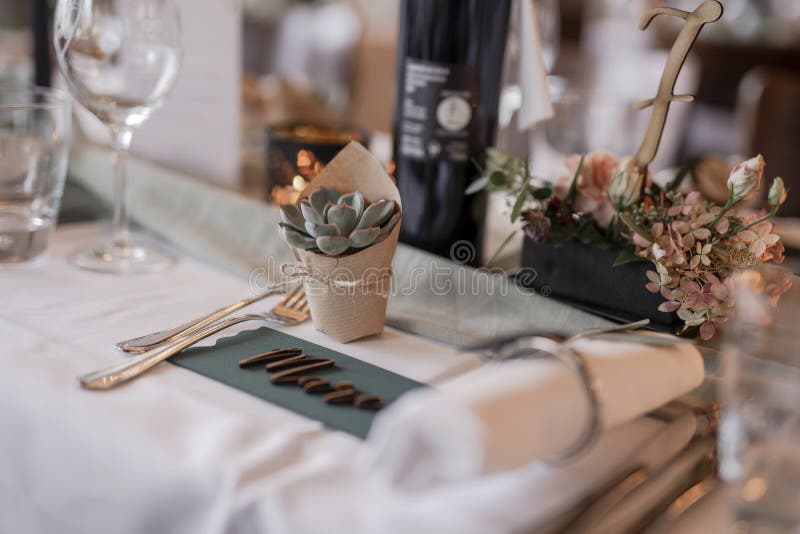 Tableware, Nameplate with a Guest Name, and Rustic Style Decoration on ...