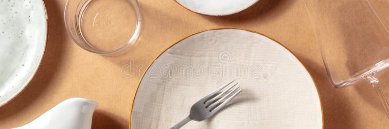 Tableware Panorama with Plates and Glasses, Shot from Above Stock Image ...