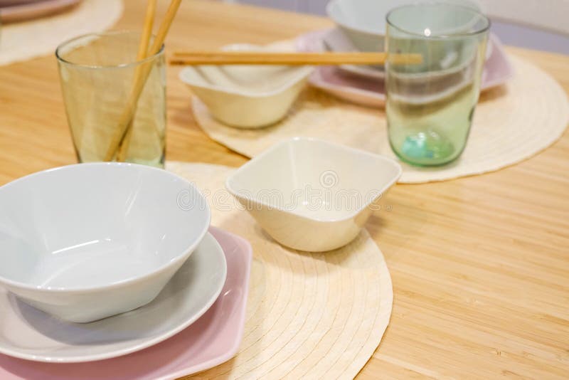 Tableware Set. Set of Different Plates on the Table Stock Image - Image ...