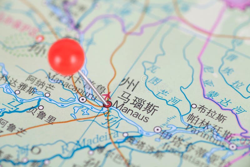 Tack Marks the Location of the Brazilian City of Manaus on the Map ...