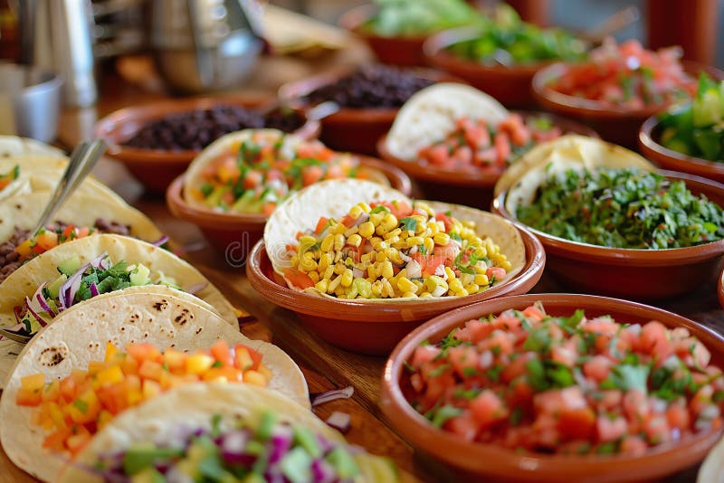 Taco Bar with Assorted Fresh Toppings for a Delicious Meal Stock Photo ...
