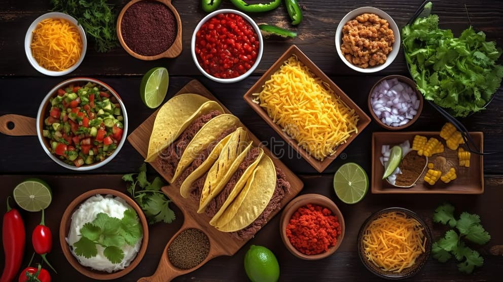 Taco Bar Table Scene with a Selection of Ingredients. Above View on a ...