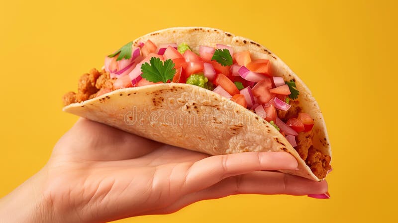 A Taco Bursting with Fresh Vegetables and Meat, Held in Hand. Authentic ...