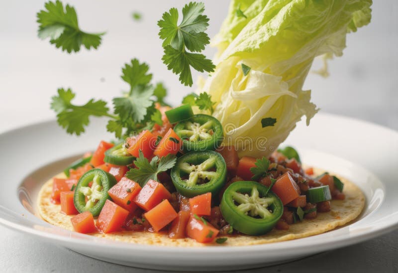 Taco Ingredients Flying with a Vibrant Salsa Splash and Lettuce ...