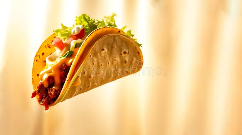Taco Mexican Flying through the Air with Cheese and Lettuce Stock ...