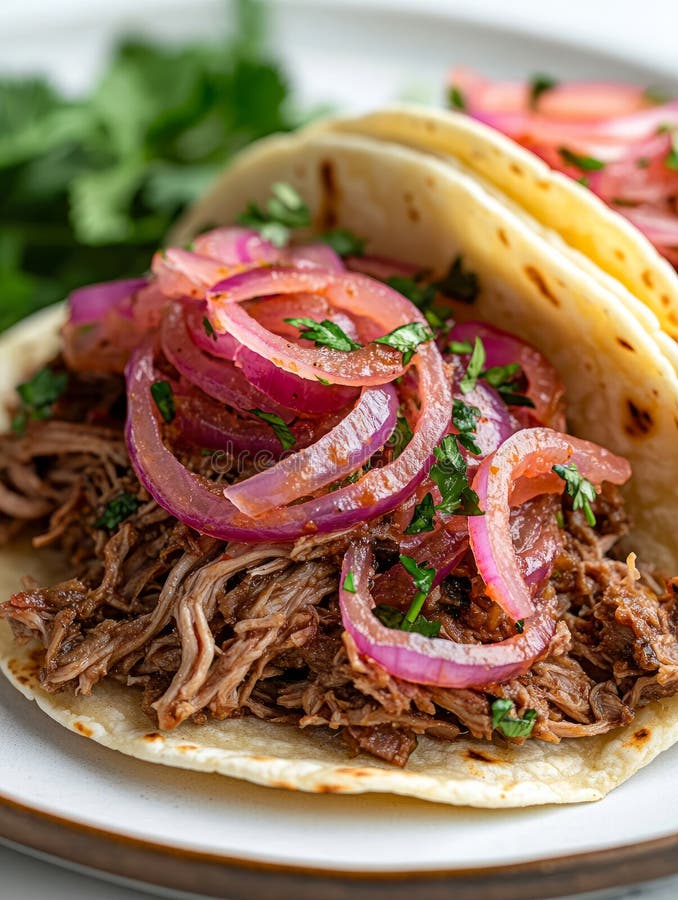 Taco with Shredded Beef and Pickled Red Onions. Stock Photo - Image of ...