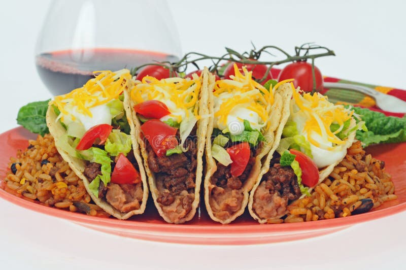 A Delicious Taco Plate with Rice and Beans Stock Image - Image of meal ...