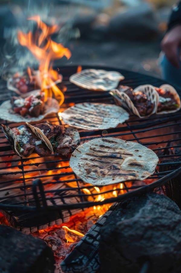 Tacos Grilling Over an Open Campfire during an Outdoor Cookout ...