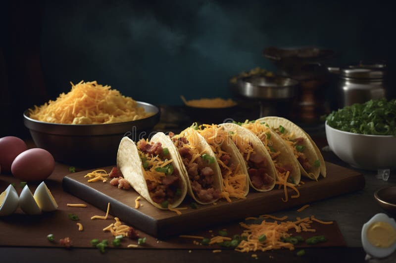 Tacos with Hashbrowns, Scrambled, Eggs and Bacon Topped with Cheese and ...