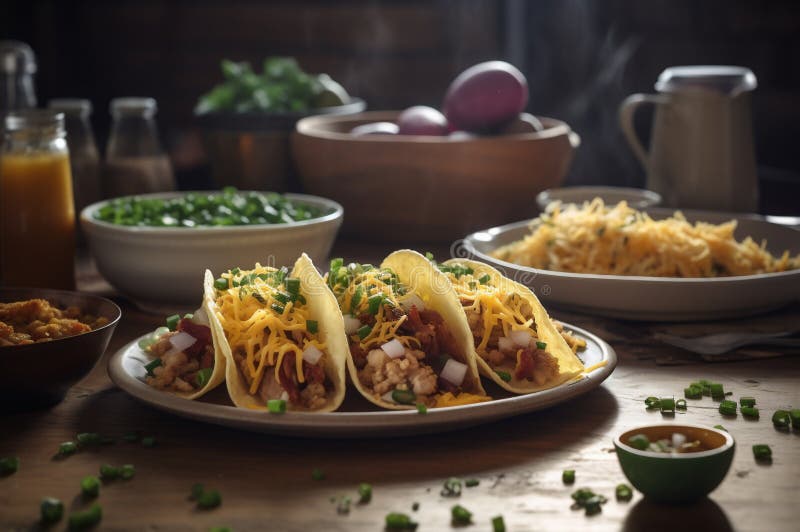 Tacos with Hashbrowns, Scrambled, Eggs and Bacon Topped with Cheese and ...