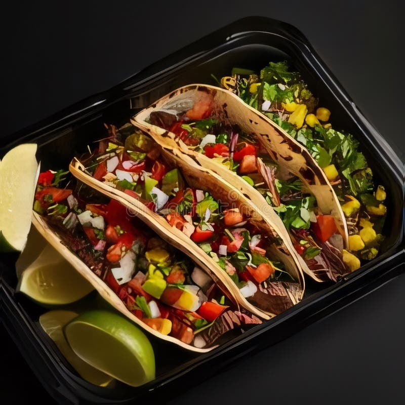 Tacos with Meat and Vegetables in a Plastic Box on a Black Background ...
