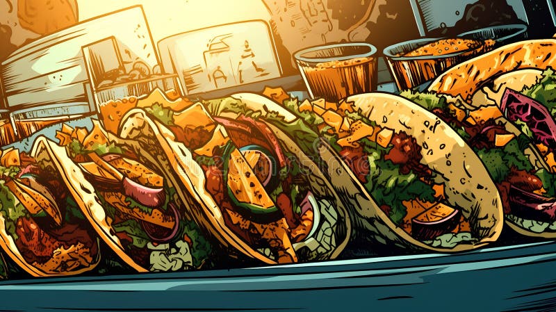 Tacos with Meat and Vegetables on the Table. Vector Illustration Stock ...