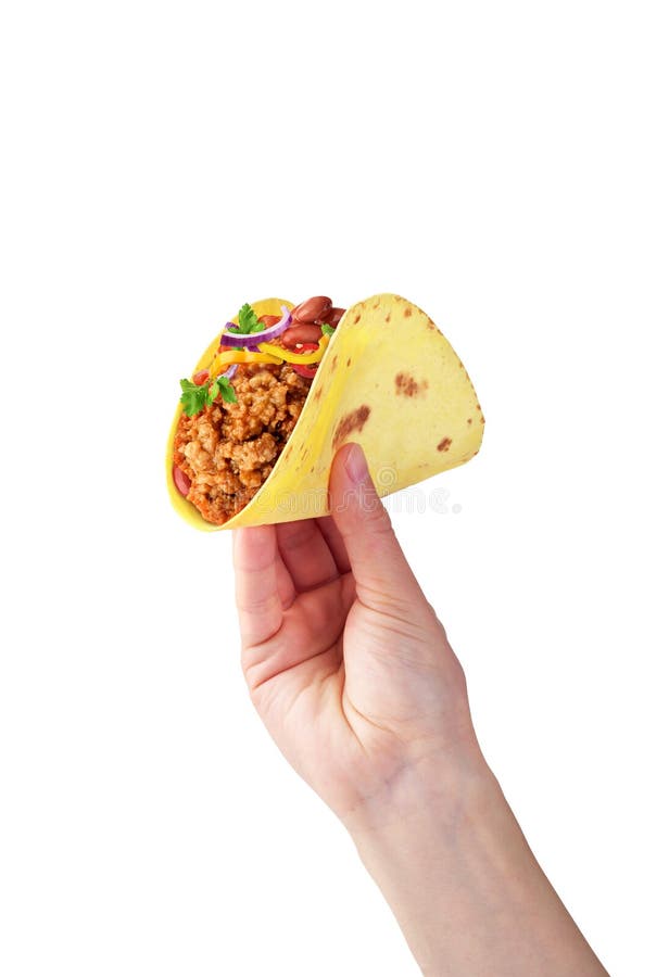 Tacos with Minced Meat in Hand on a White Background Stock Image ...