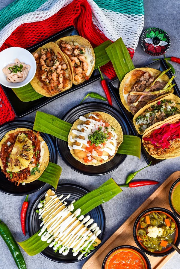 Tacos with Sauces on Grey Background Top View Closeup Stock Photo ...