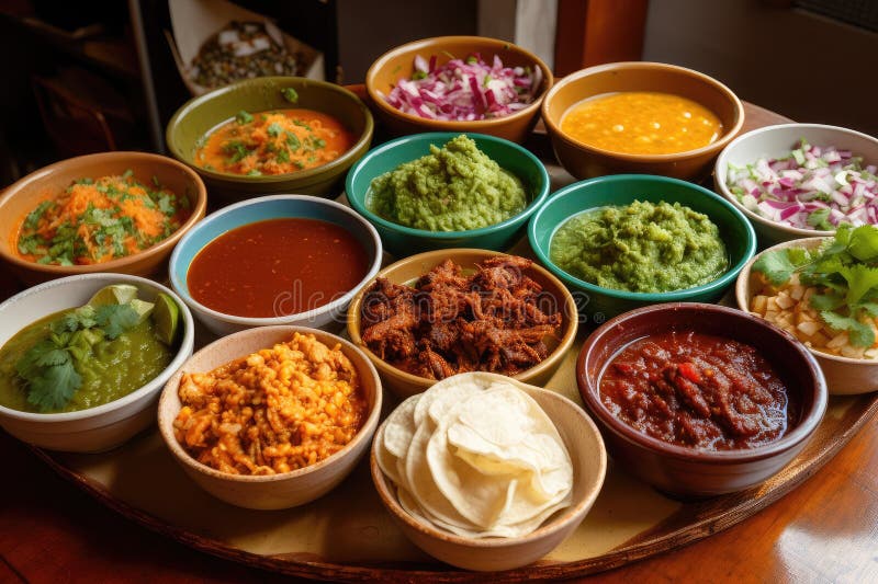 Tacos Stand with Array of Fillings, Salsas, and Toppings Stock ...