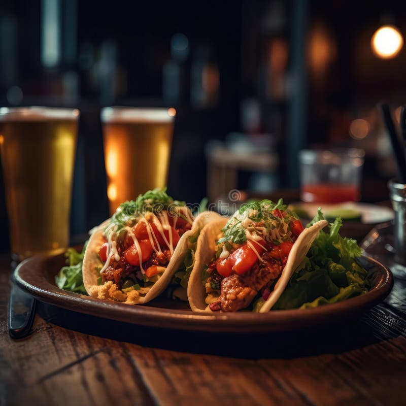 Tacos on Stone in Rustic Pub. Generative AI Stock Illustration ...
