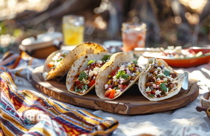 Tacos on Wooden Board, Outdoor Picnic Setting Stock Photo - Image of ...