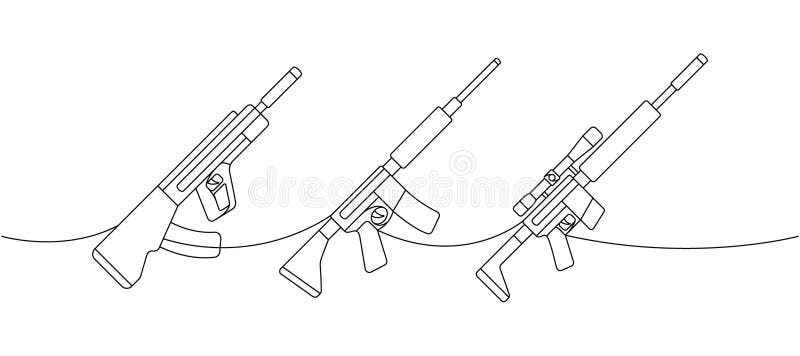 Tactical Assault Rifles Set One Line Continuous Drawing. Various Modern ...