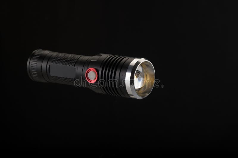 Tactical Flashlight on a Black Background Stock Photo - Image of glass ...