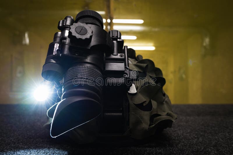 Tactical Helmet with Installed Night Vision Device and Flashlight Stock ...