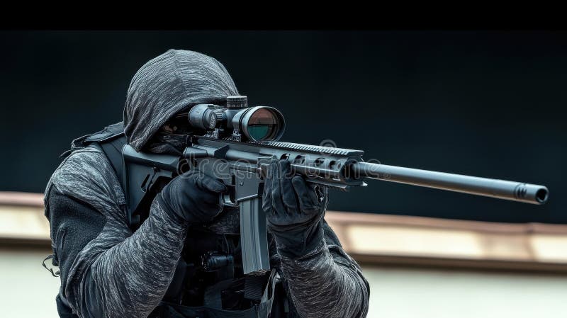 Tactical Officer Aiming Sniper Rifle in Intense Focused Position Stock ...